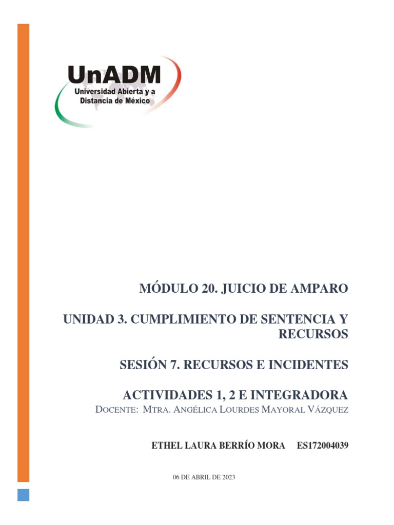 Módulo 20. Juicio de Amparo Unidad 3. Cumplimiento de Sentencia Y Recursos Sesión 7. Recursos E ...