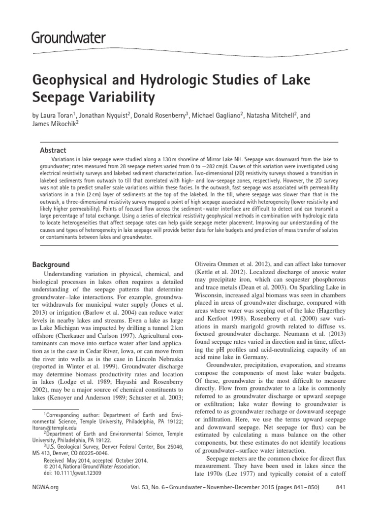 Groundwater - 2015 - Toran - Geophysical and Hydrologic Studies of Lake ...