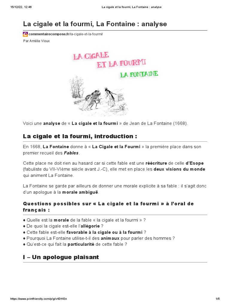 La Cigale Et La Fourmi, La Fontaine - Analyse | PDF | Fable | Comédie