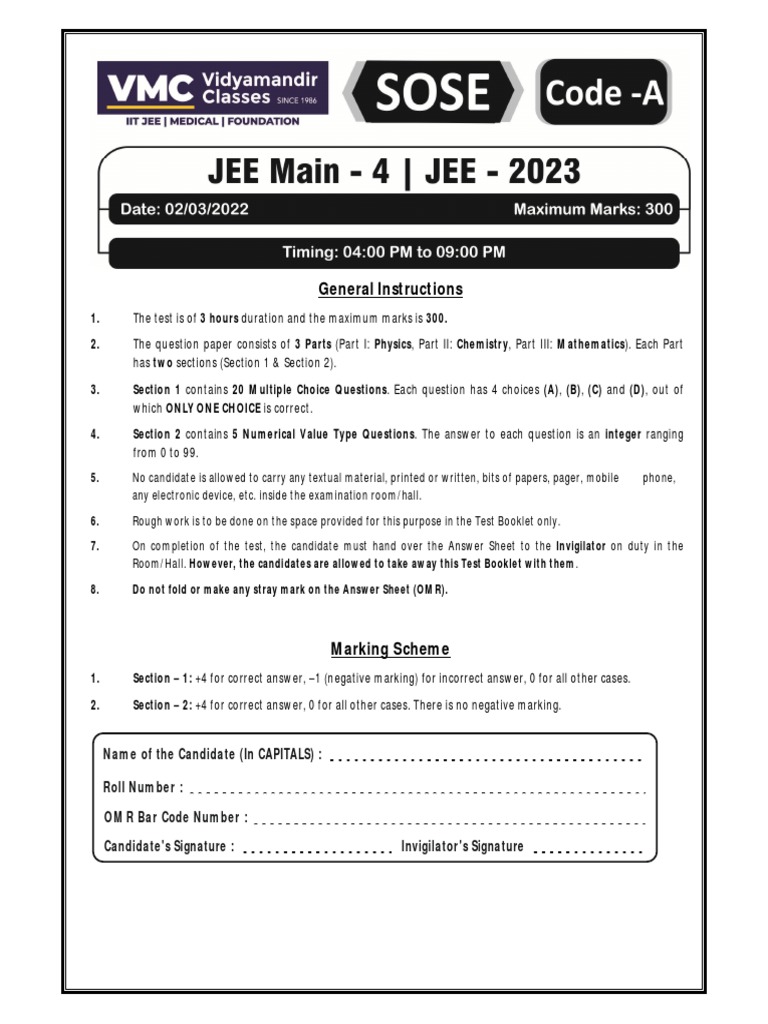 VMC - SOSE JEE MAINS - 4 (Question Paper) | PDF | Gases | Enthalpy