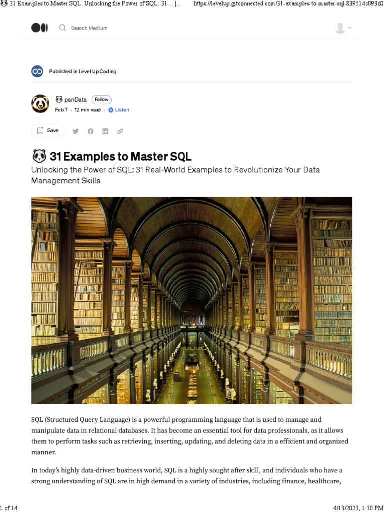 31 Examples To Master SQL. Unlocking The Power of SQL PanData Level Up Coding | PDF | Relational ...