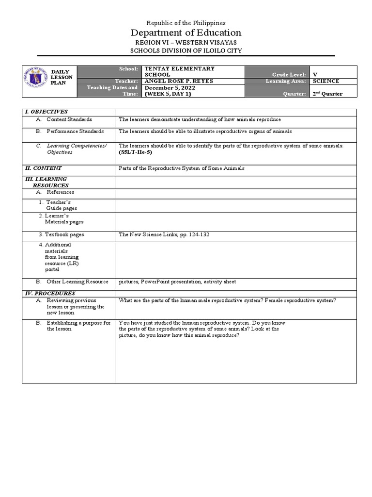 Grade 5 Science Lesson Plan: Animal Reproduction | PDF | Learning ...