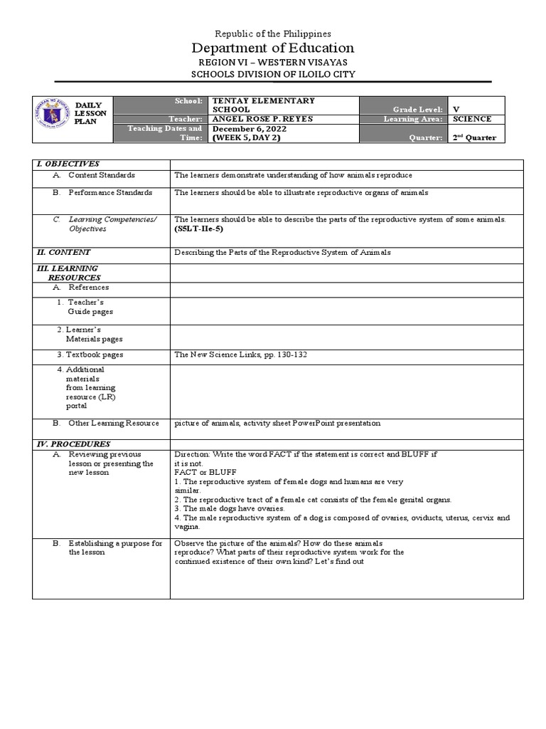 Lesson Plan SCIENCE 5 (WEEK 5, DAY 2) | PDF | Reproductive System ...