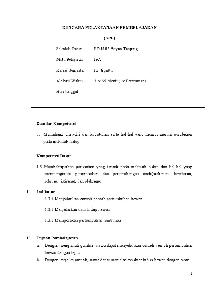 RPP Kelas 3 SD IPA KD 1 3 | PDF