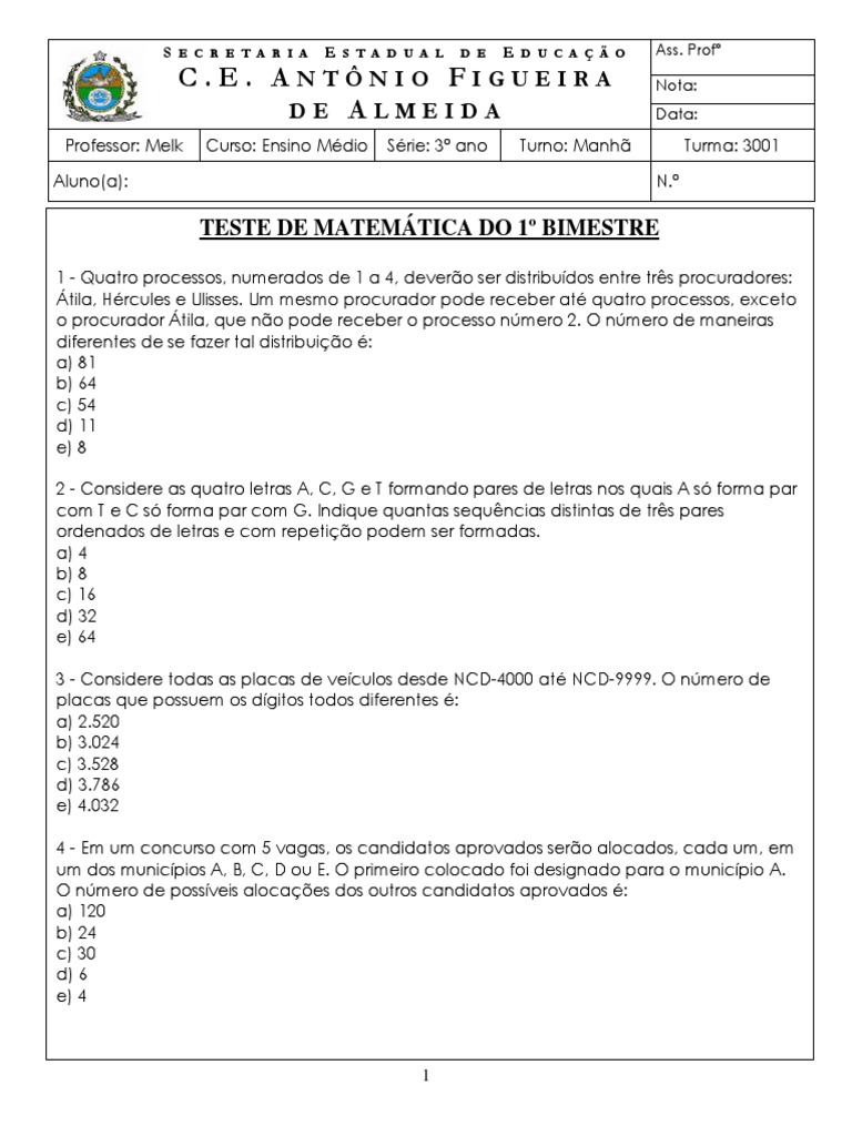 Teste de Matemática 3º Ano Ensino Médio | PDF