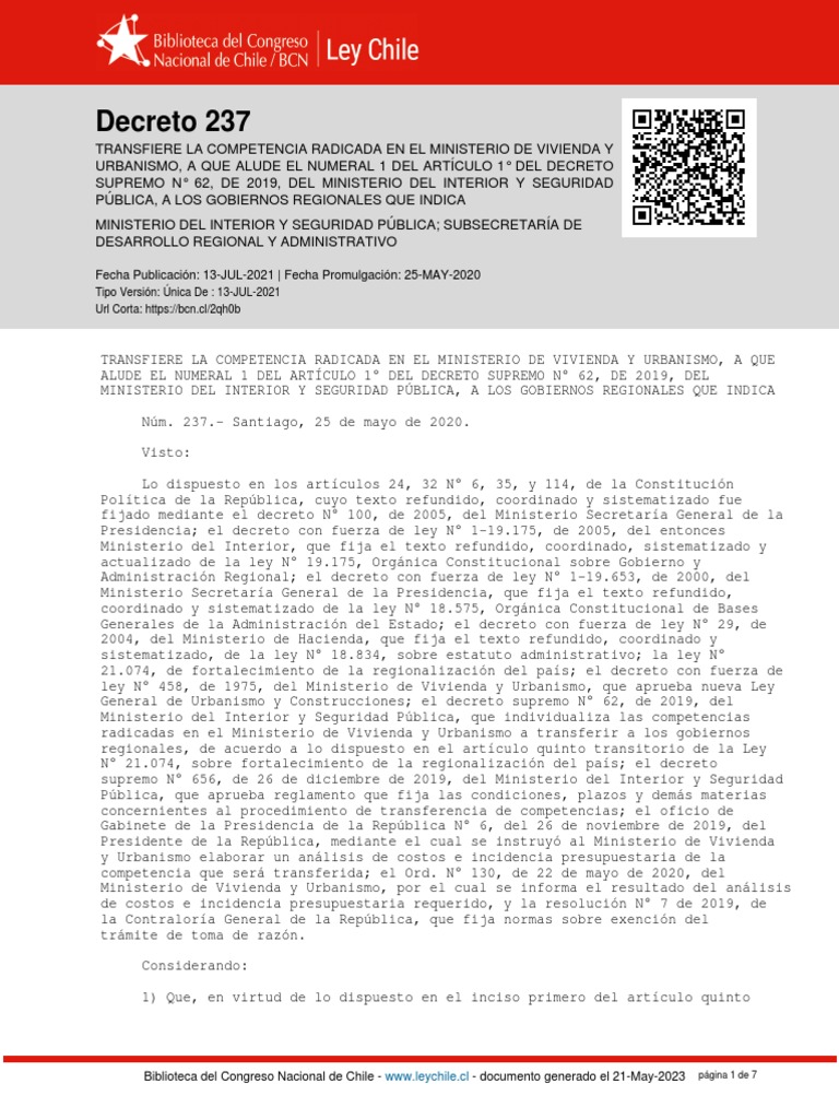 Decreto 237 - 13 JUL 2021 | PDF | Chile | Ministerio (Departamento de Gobierno)