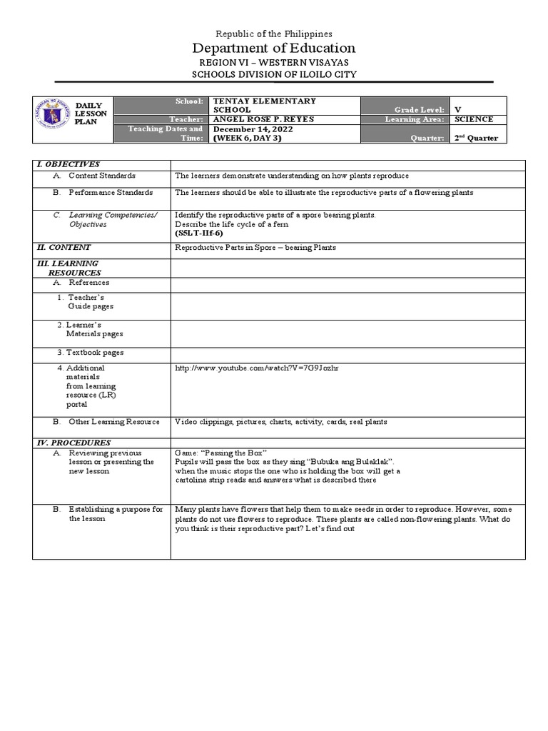 Lesson Plan Science 5 Week 6 Day 3 Pdf Spore Fertilisation 