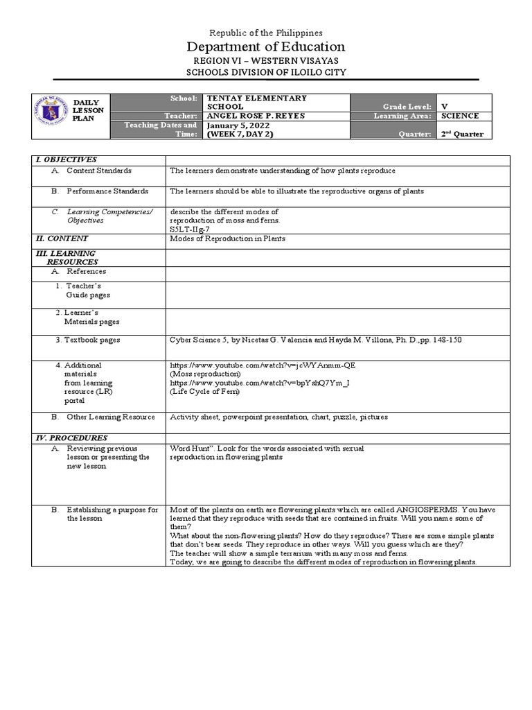 Lesson Plan SCIENCE 5 (WEEK 7, DAY 2) | PDF | Sexual Reproduction ...