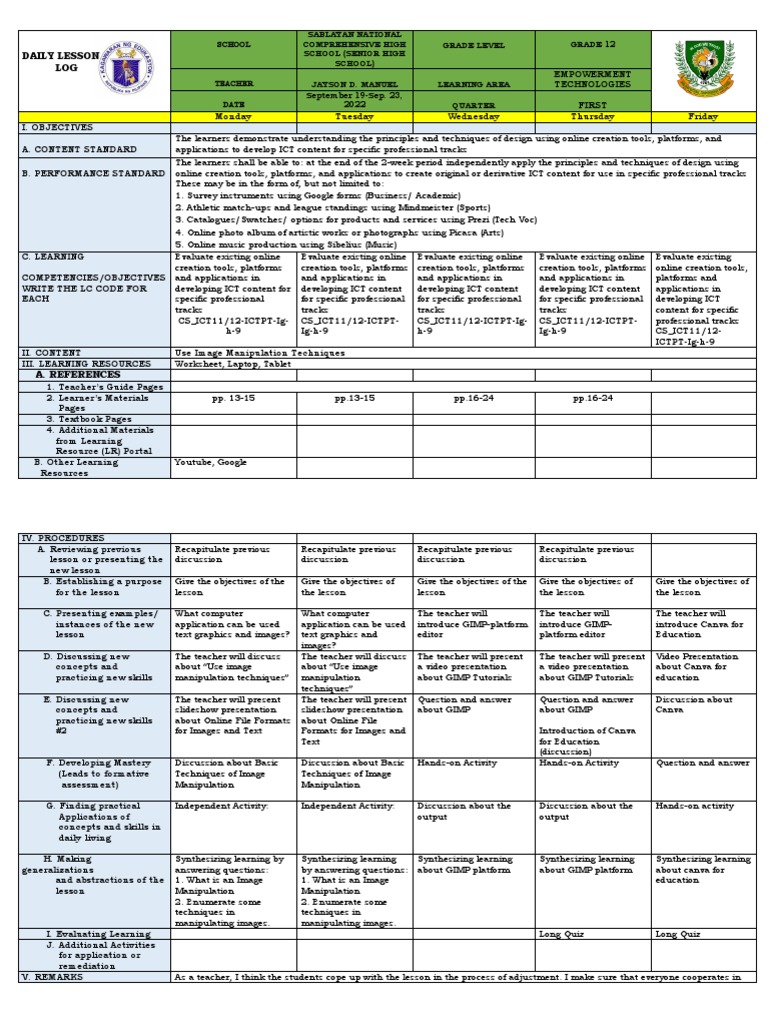 Daily Lesson LOG: Sablayan National Comprehensive High School (Senior ...