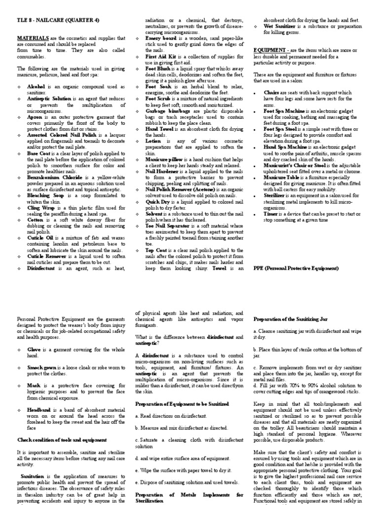 Q4 Tle 8 Nailcare 1 Final | PDF | Nail (Anatomy) | Disinfectant