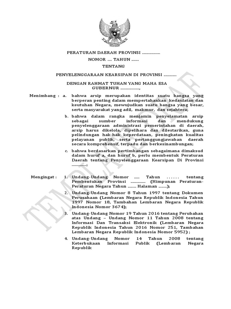 Template Perda Provinsi Tentang Penyelenggaraan Kearsipan | PDF