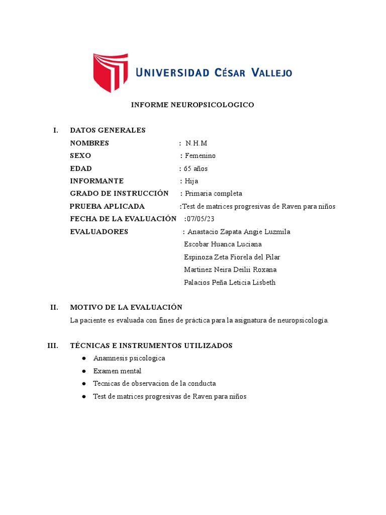 Informe Neuropsicologico (Raven Infantil) | Descargar gratis PDF ...