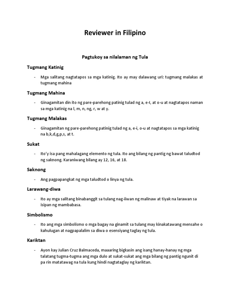 Reviewer in Filipino | PDF