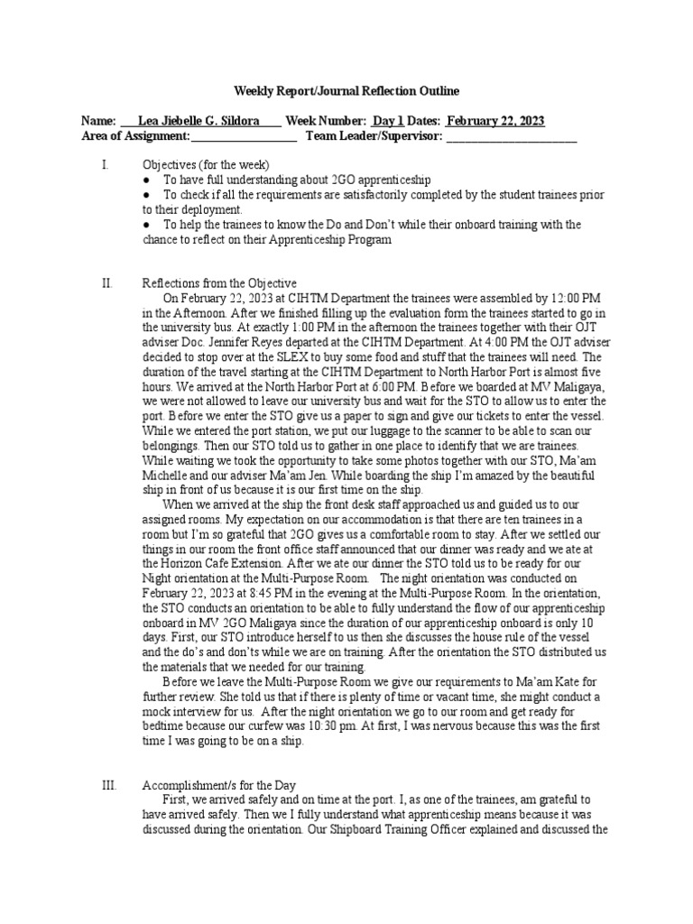 SILDORA - 2GO Apprenticeship Daily Journal PRH 102 - DAY 1 | PDF ...