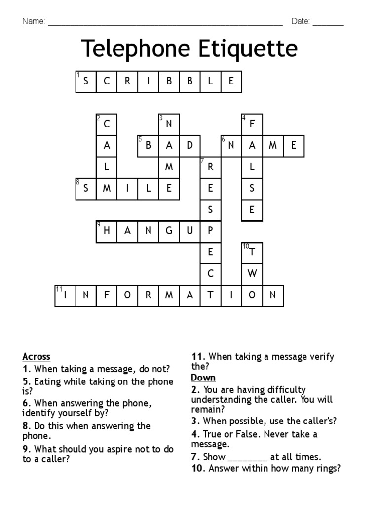 Telephone Etiquette Crossword Puzzle | PDF