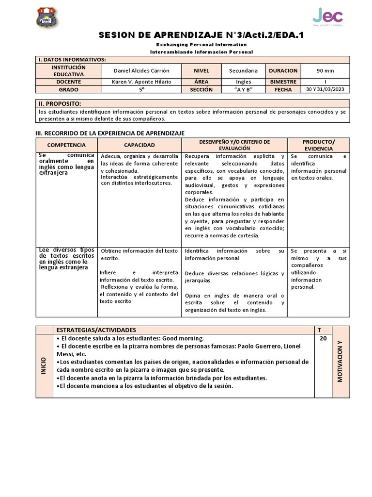 Sesion de Aprendizaje 1 - 5° - Act 2 - Eda 1 | PDF | Aprendizaje | Idioma en Inglés