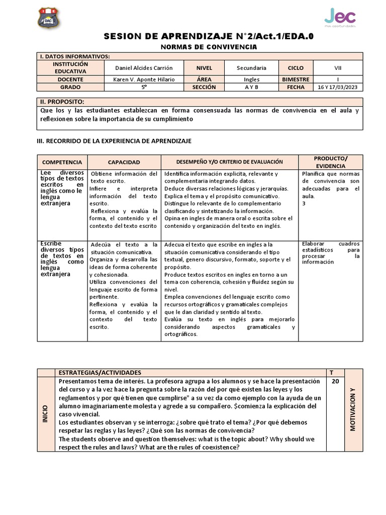 EXPERIENCIA DE APRENDIZAJE 5 Normas de Conv | PDF | Aprendizaje | Evaluación