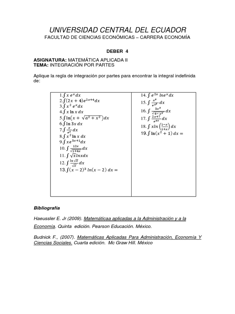 Deber 4 Integración Por Partes | PDF Deber 4 Integración Por Partes | PDF