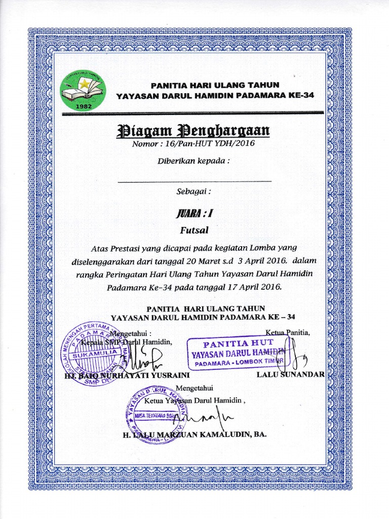 Piagam Penghargaan Juara 1 Futsal | PDF