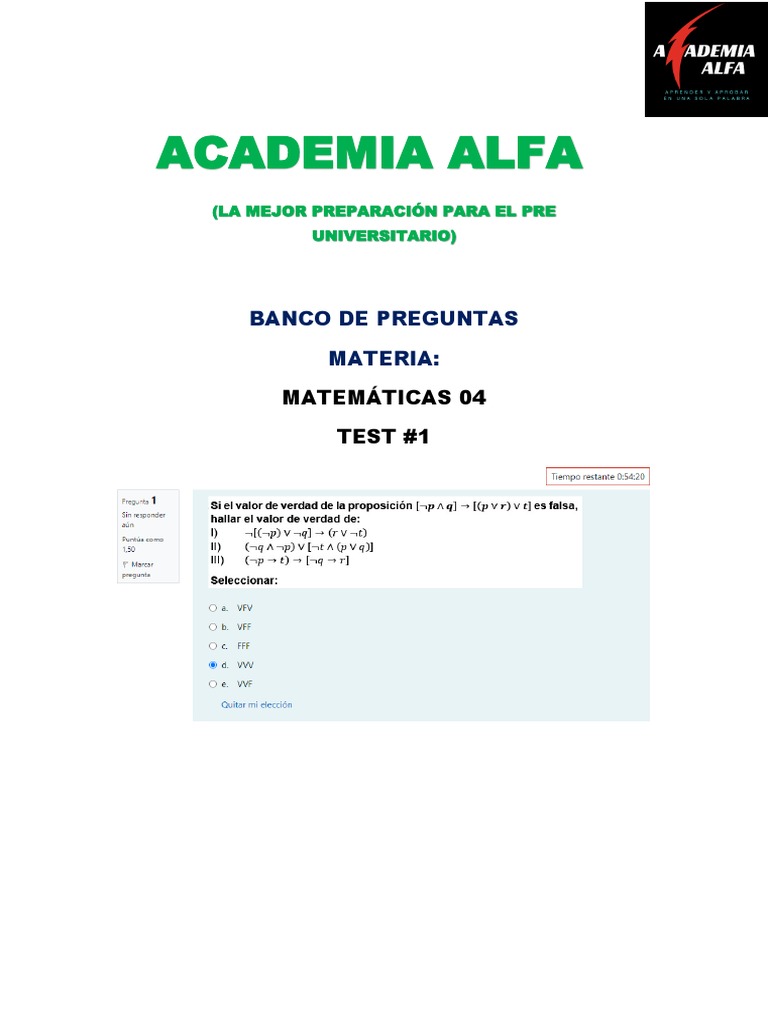 Academia Alfa - Test #1 Matematicas 04 (Actualizado) | PDF