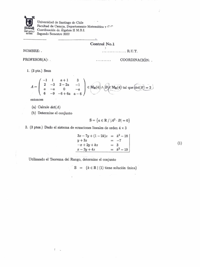Algebra II Control 1 2022-2 USACH | PDF