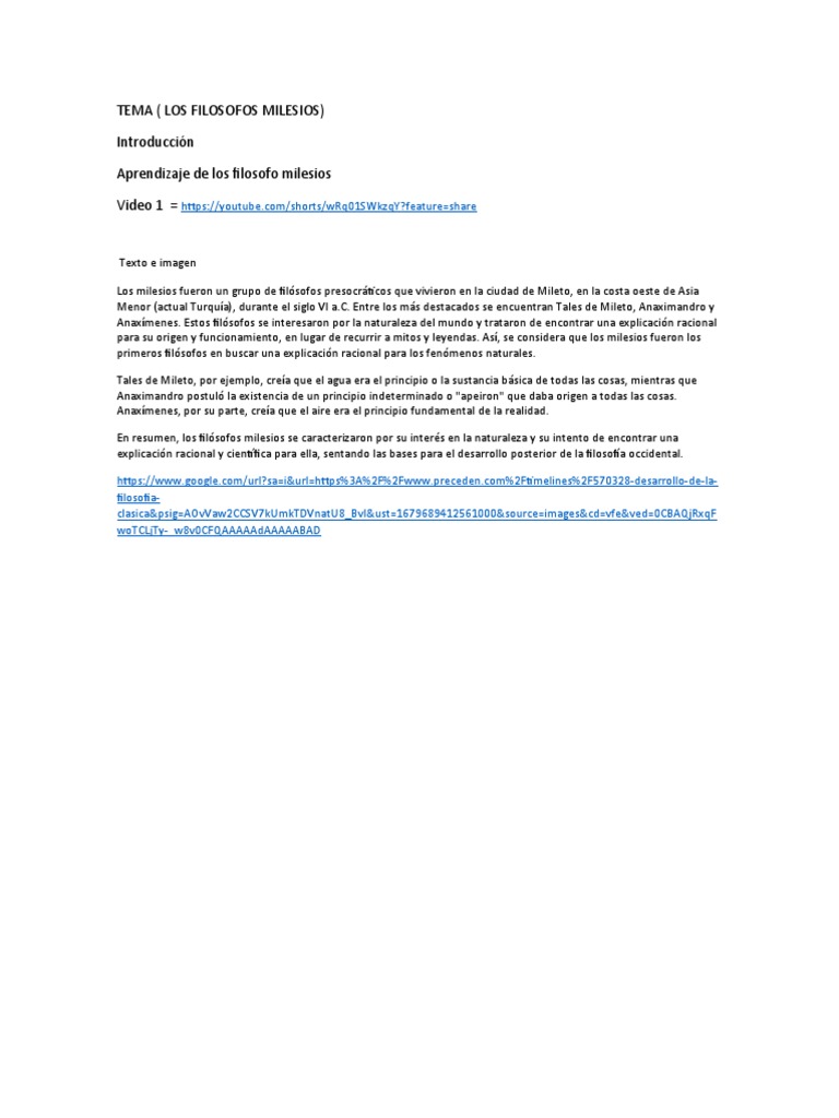 Tema (Los Filosofos Milesios) Introducción Aprendizaje de Los Filosofo ...