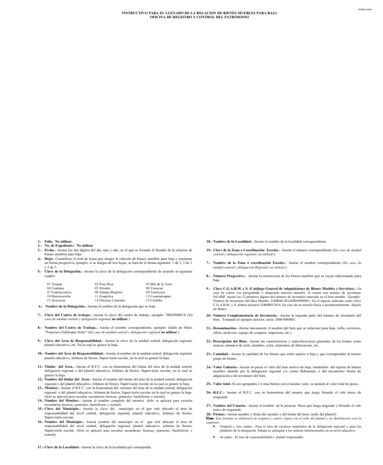 Instructivo-Formato de Relaci N de Bienes Muebles para Baja | PDF