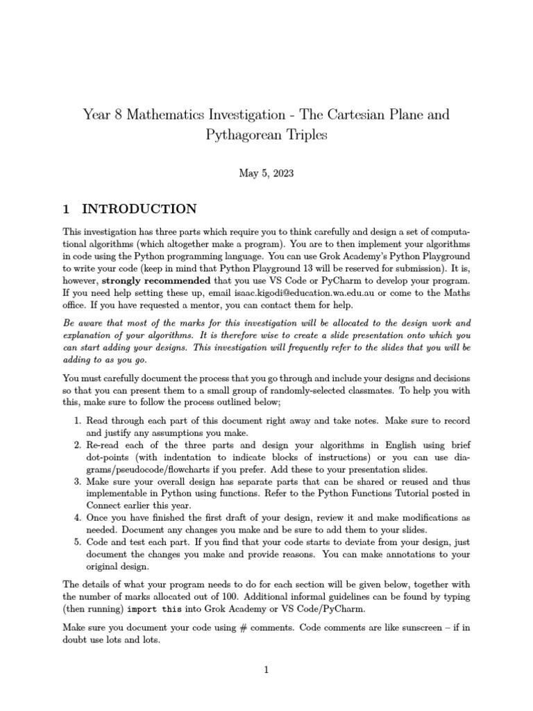 Year 8 Mathematics Investigation - The Cartesian Plane and Pythagorean ... Year 8 Mathematics Investigation - The Cartesian Plane and Pythagorean ...
