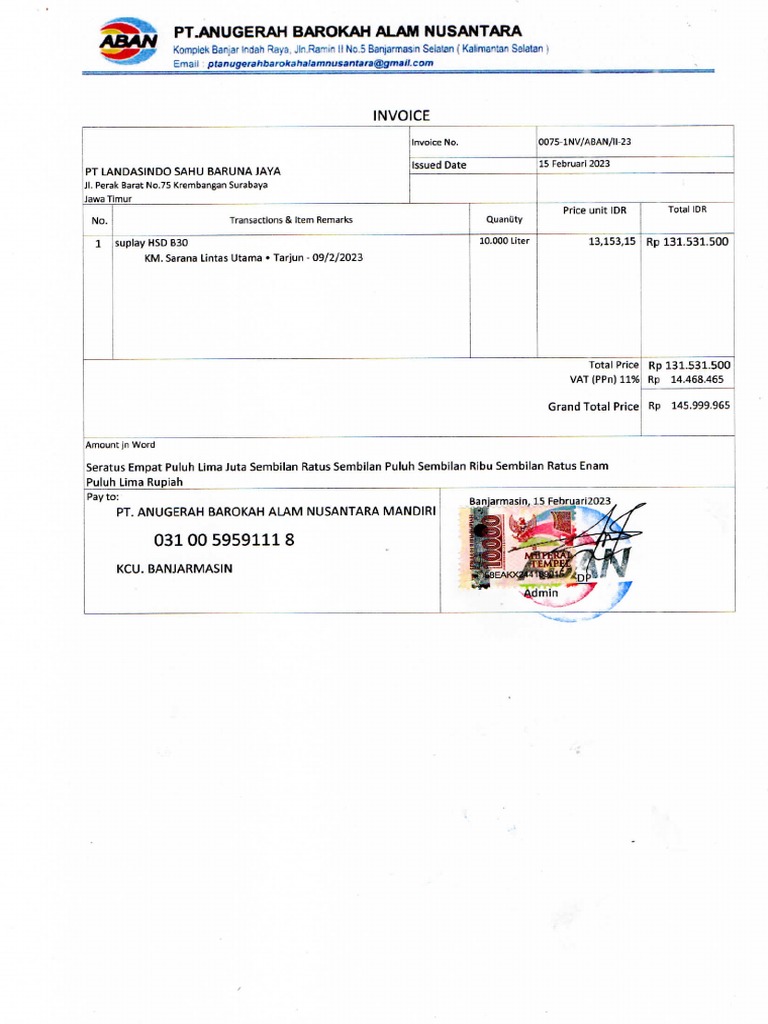 075inv PT LAndasindo SBJ (PO-038) | PDF