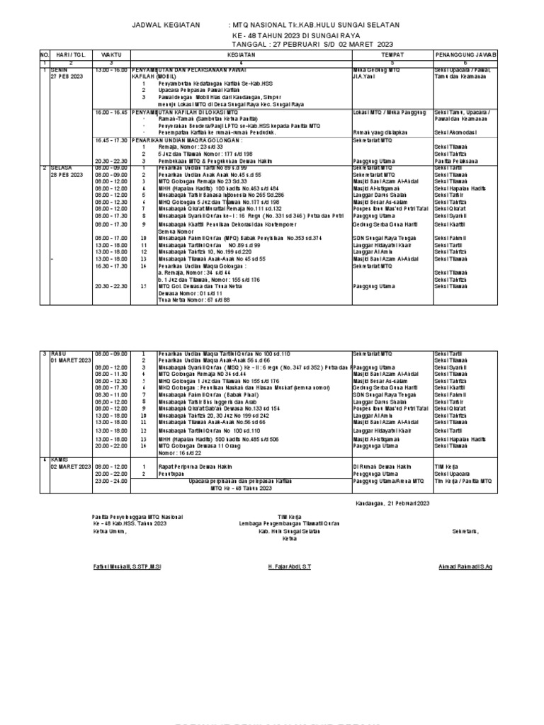Jadwal MTQ Ke - 48 Th. 2023 Sungai Raya | PDF