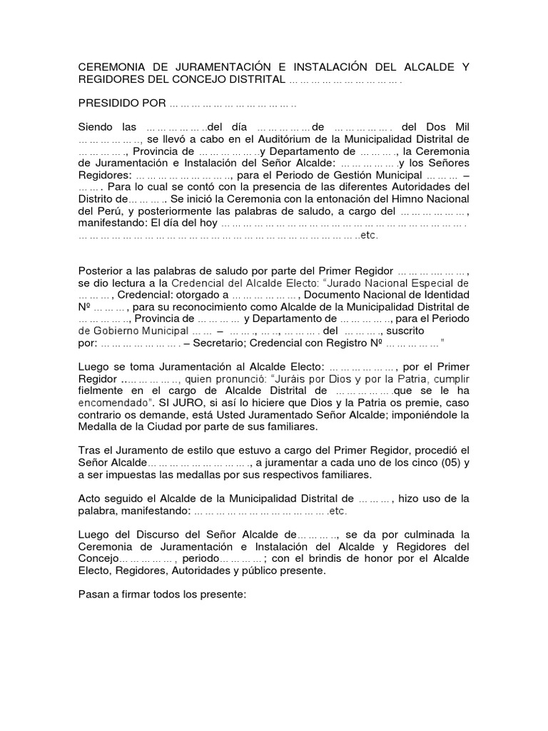MODELO Acta de CEREMONIA DE JURAMENTACIÓN E INSTALACIÓN DEL ALCALDE Y ...