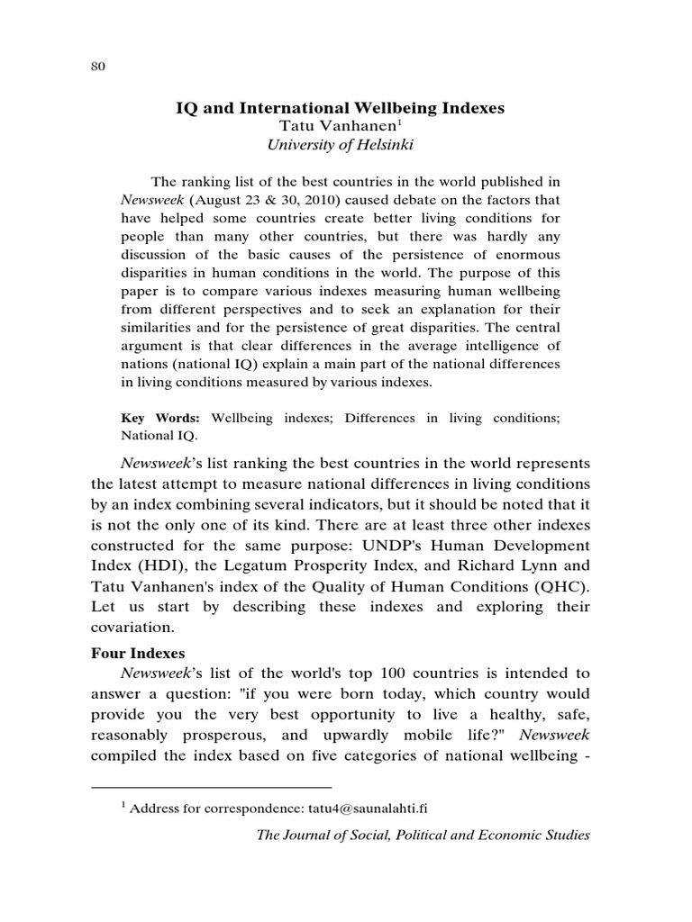 IQ and International Wellbeing Indexes: University of Helsinki | PDF ...