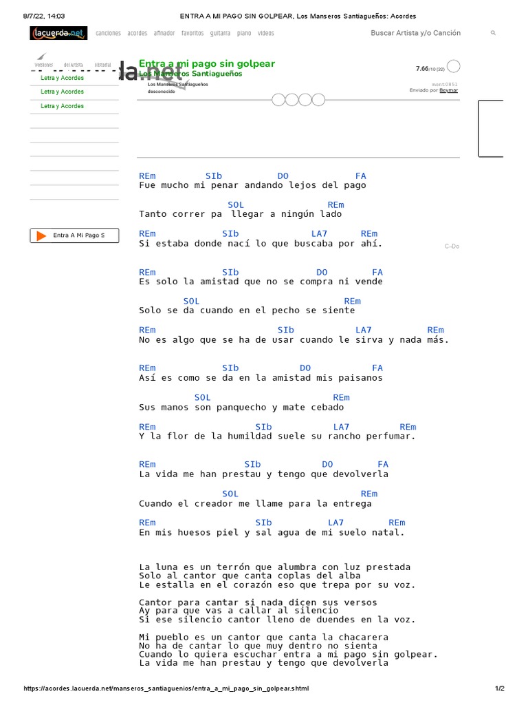 ENTRA A MI PAGO SIN GOLPEAR, Los Manseros Santiagueños - Acordes | PDF