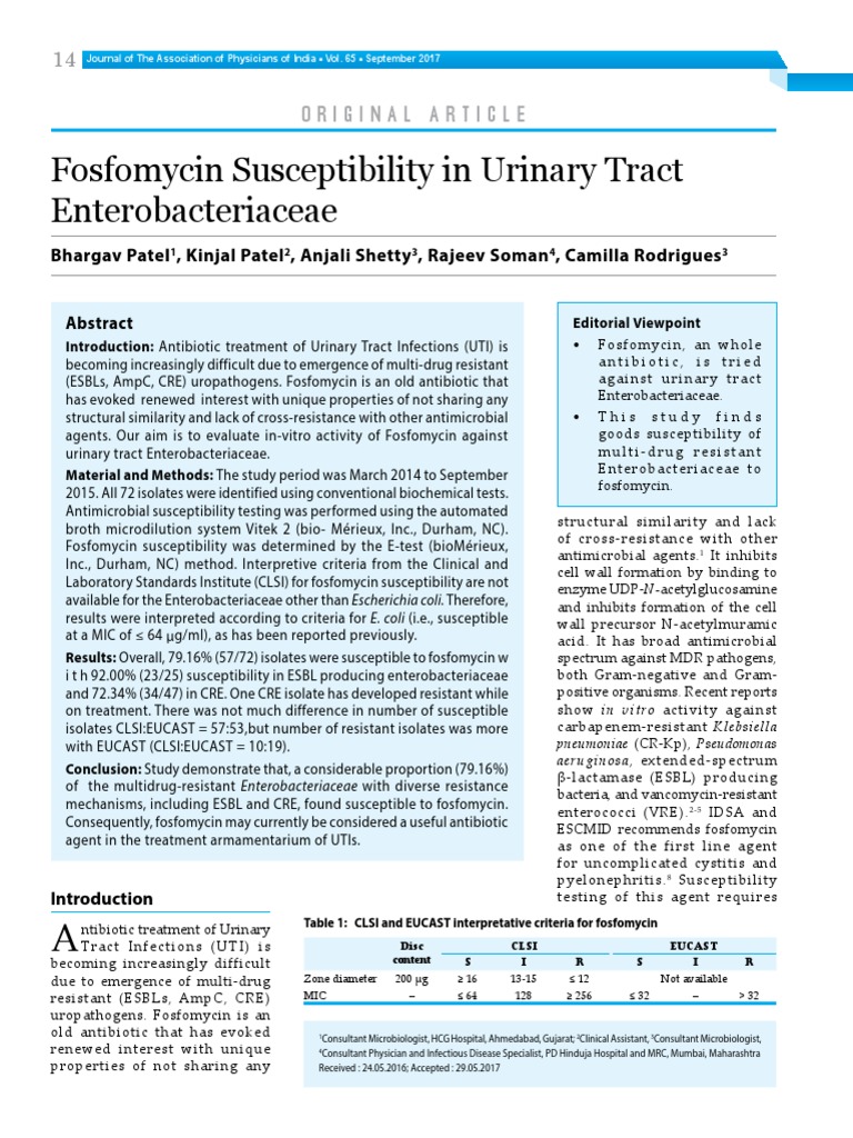 Fosfomycin Susceptibility in Urinary Tract Enterobacteriaceae | PDF ...