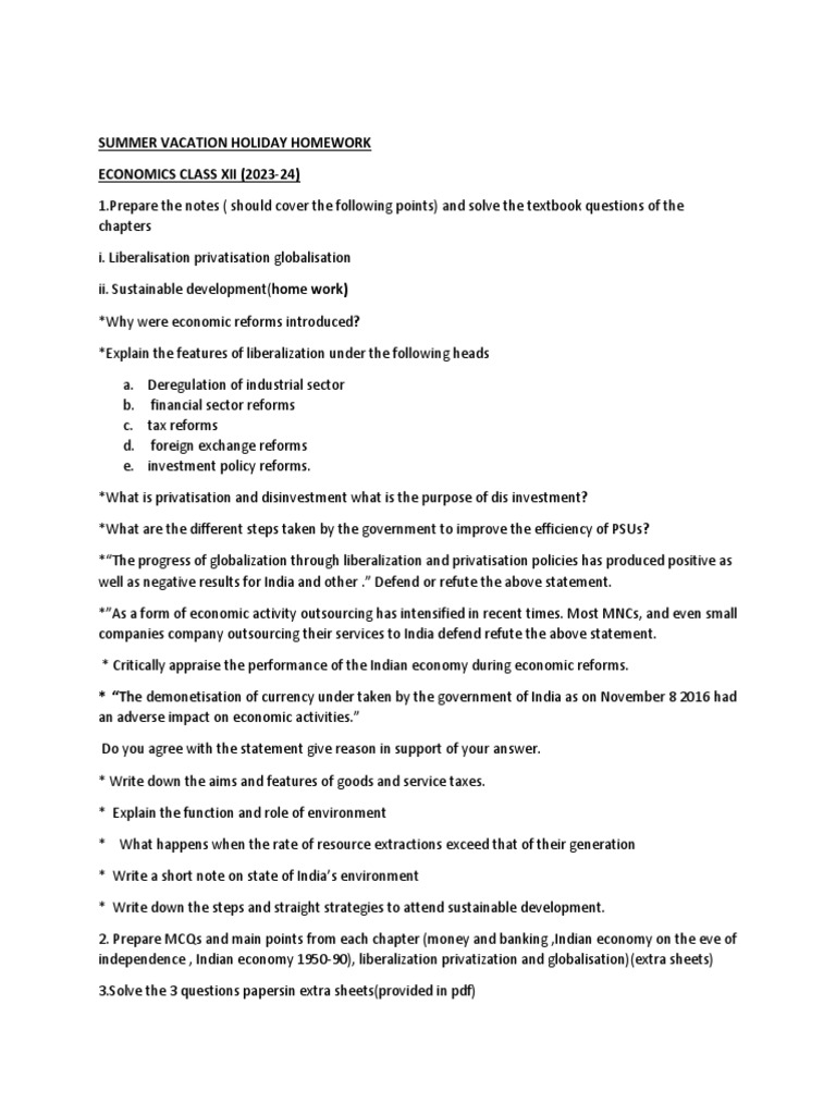 Holiday Homework Class XII | PDF | Social Science