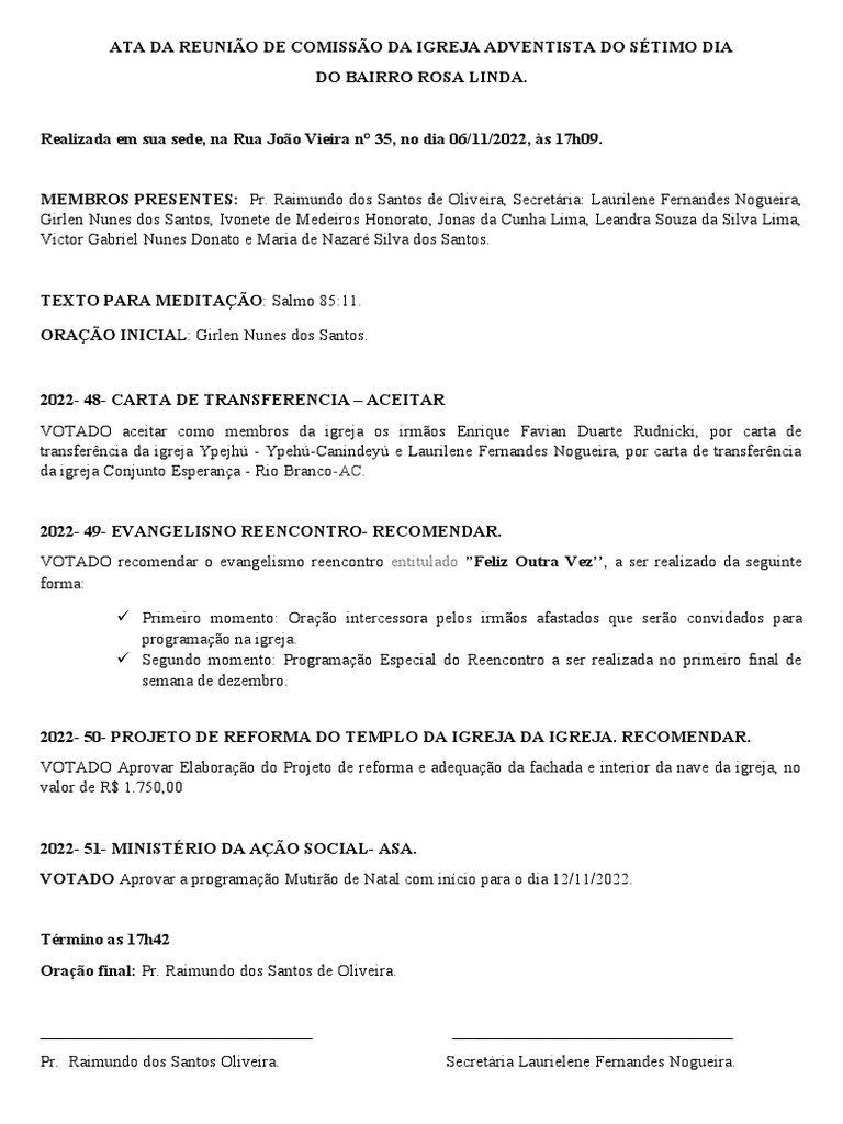 Ata Da Reunião de Comissão Da Igreja Adventista Do Sétimo Dia Do Bairro ...