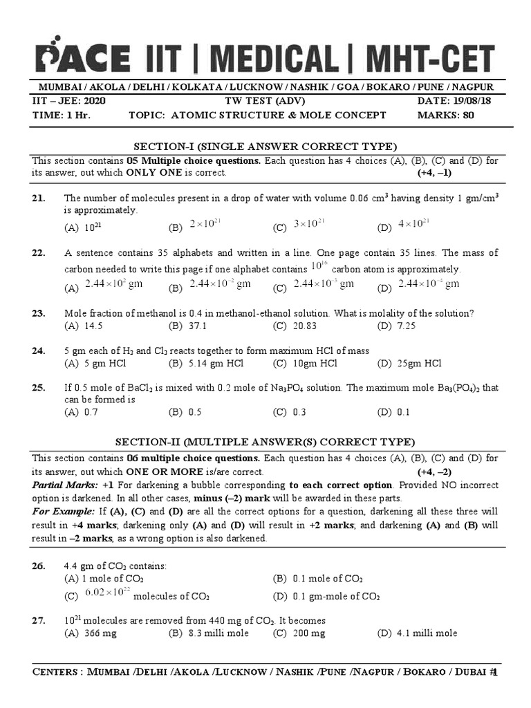 Atomic Structure & Mole Concept (Question Paper) | PDF | Electron | Waves