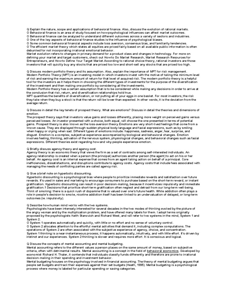 MBA IV Sem Important Questions of Behaviural Finance MBA 4th Sem | PDF | Behavioral Economics ...