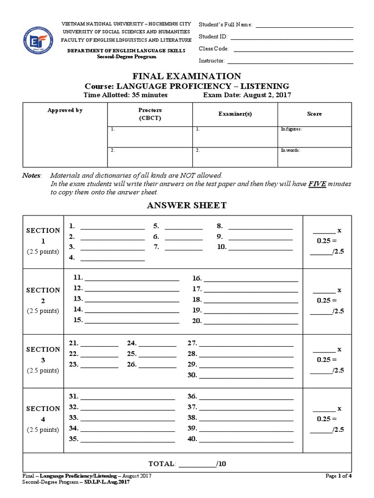 Language Proficiency Listening Exam 2017 | PDF