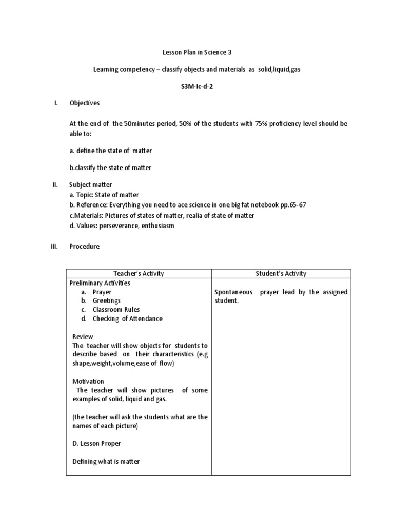 State of Matter Lesson Plan | PDF | Matter | Liquids