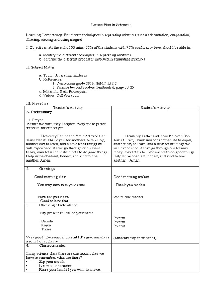Lesson Plan in Science 6 - Separating | PDF | Filtration | Mixture