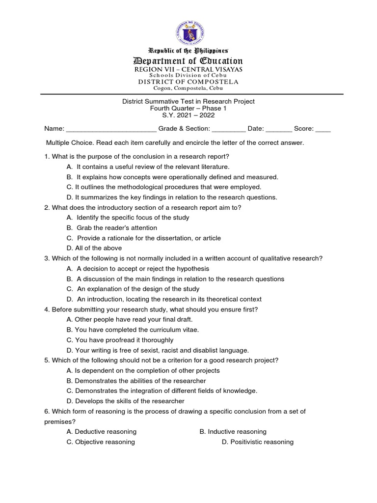 q4 p1 Researchproject 12 District Summative-Tos-Answer Key | PDF | Validity (Statistics ...