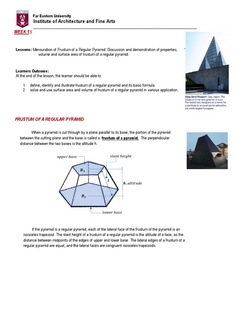 Week13 FRUSTUMOFAREGPYRAMIDLectureNotes1 | PDF | Area | Geometry