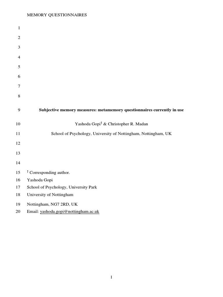 MemoryQuestionnaires Revised | PDF | Memory | Self Efficacy