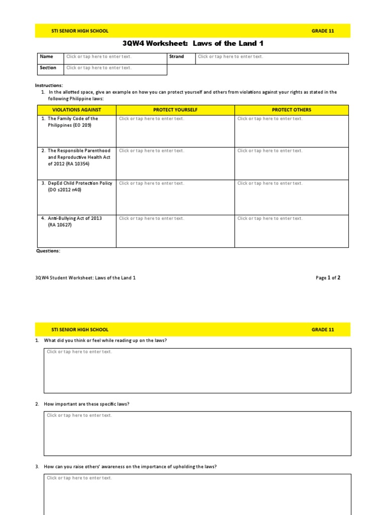 G113QW4 Worksheet - Laws of The Land 012 | PDF