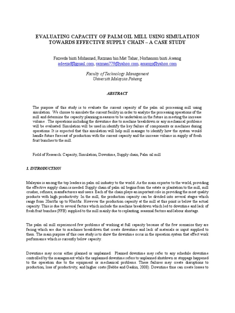 Evaluating Capacity of Palm Oil Mill Using Simulation Towards Effective ... Evaluating Capacity of Palm Oil Mill Using Simulation Towards Effective ...