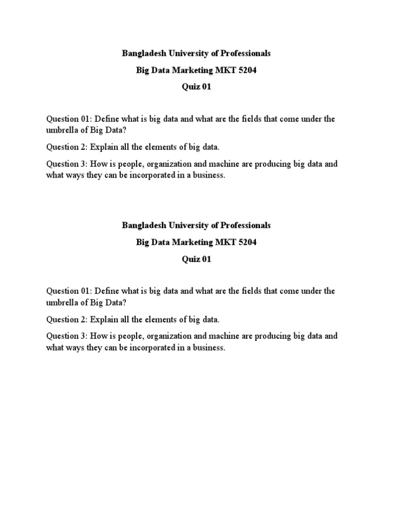 Big Data Quiz 01 | PDF