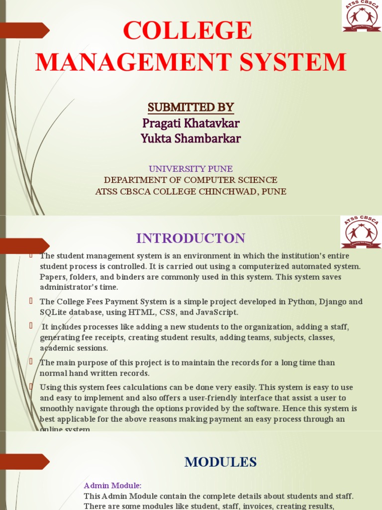 College Management System Presentation | PDF | Automation | Databases