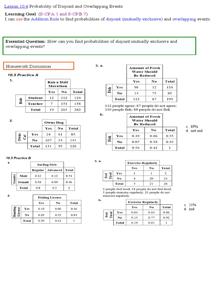 Lesson 10 4 Probability of Disjoint and Overlapping Events | PDF ...