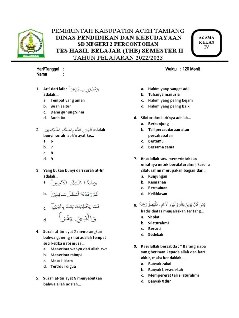 Ujian THB Kelas 4 Kurikulum Merdeka T | PDF